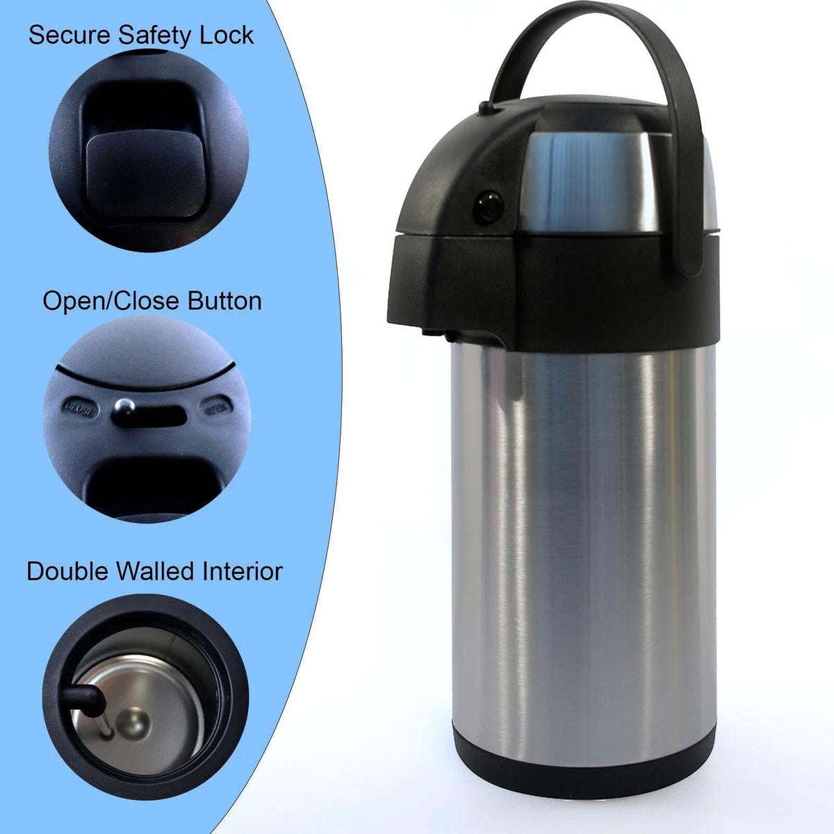 3L Tea Coffee Air Pot Flask Pump Vacuum Insulated Carry Handle Thermal ...