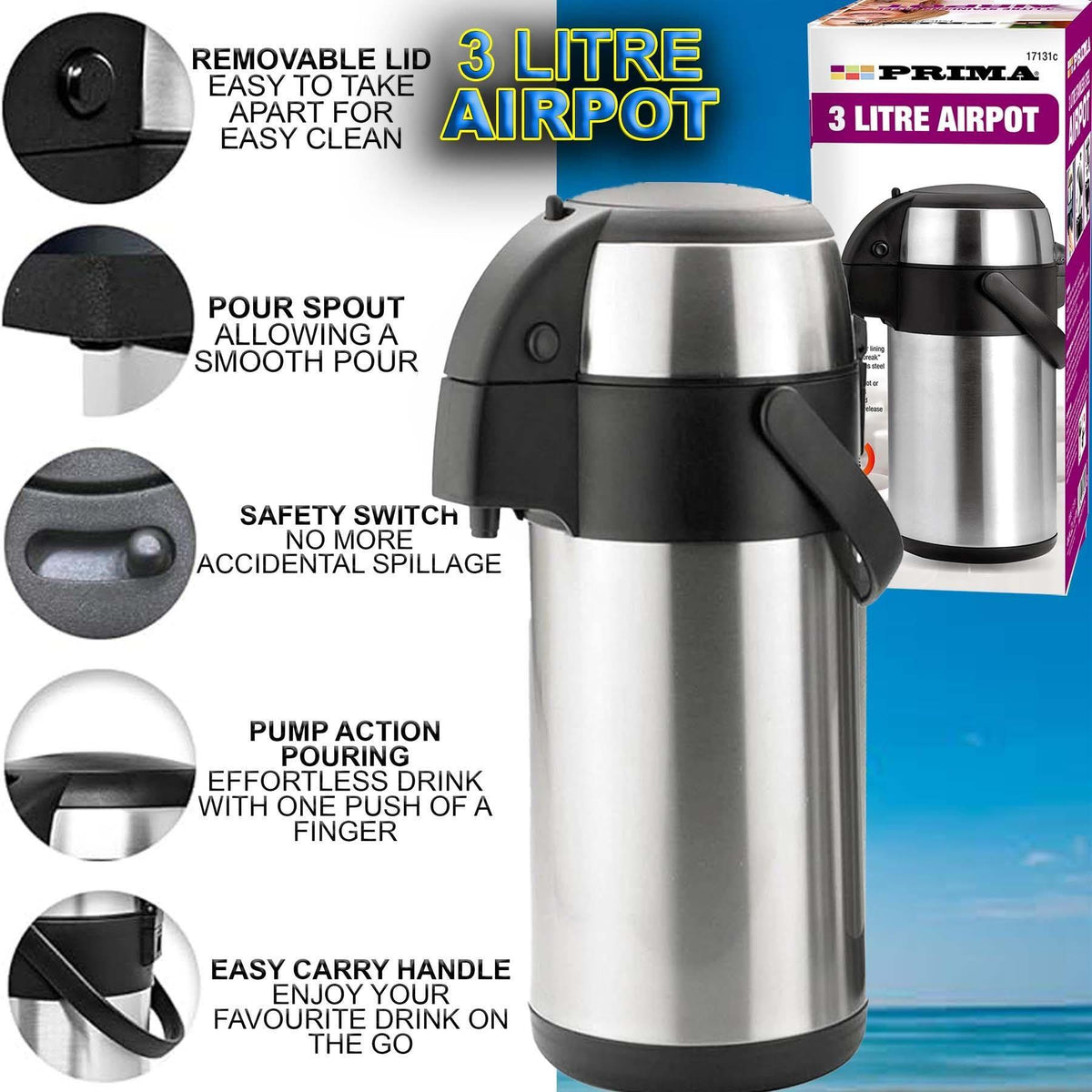 3L Tea Coffee Air Pot Flask Pump Vacuum Insulated Carry Handle Thermal ...