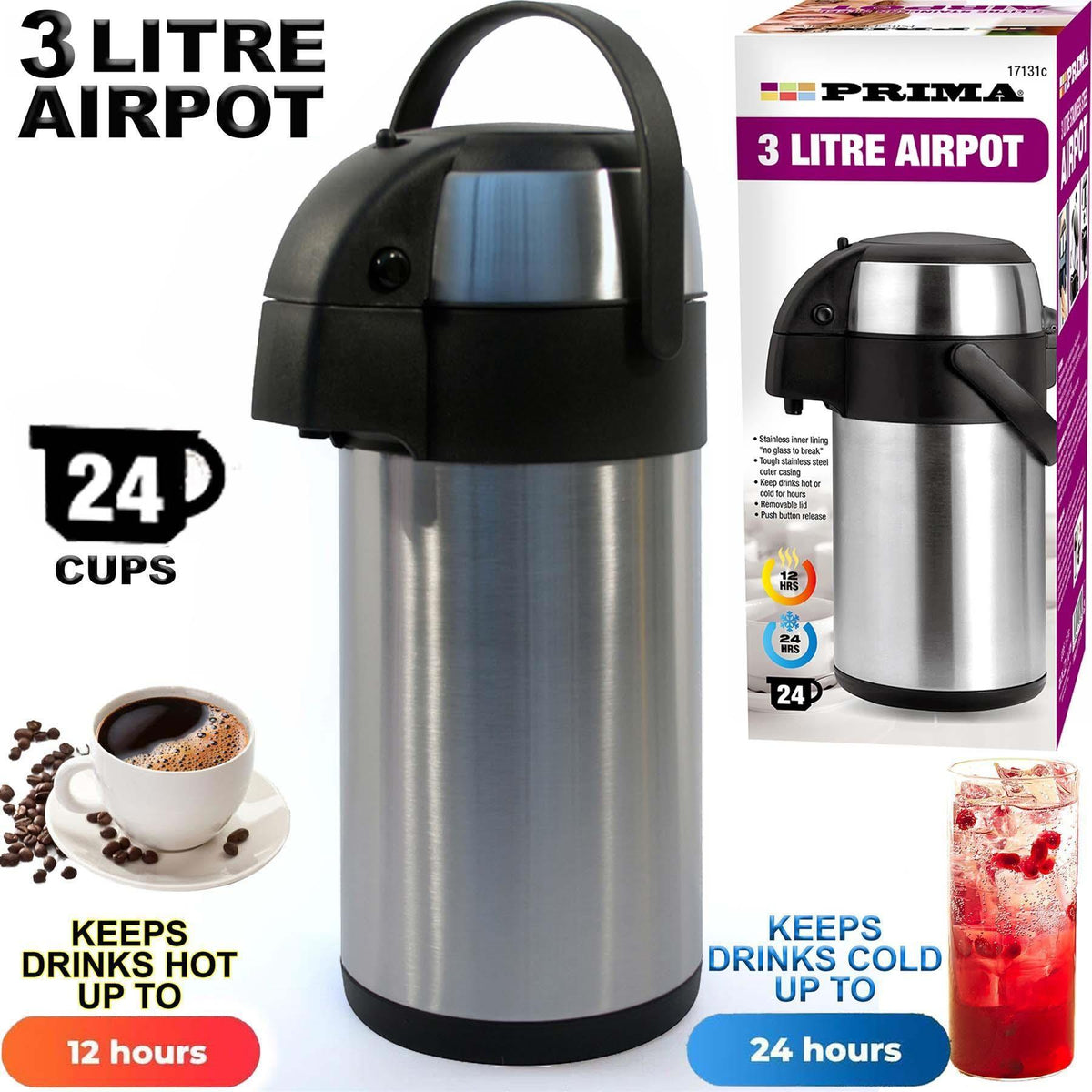 3L Tea Coffee Air Pot Flask Pump Vacuum Insulated Carry Handle Thermal ...