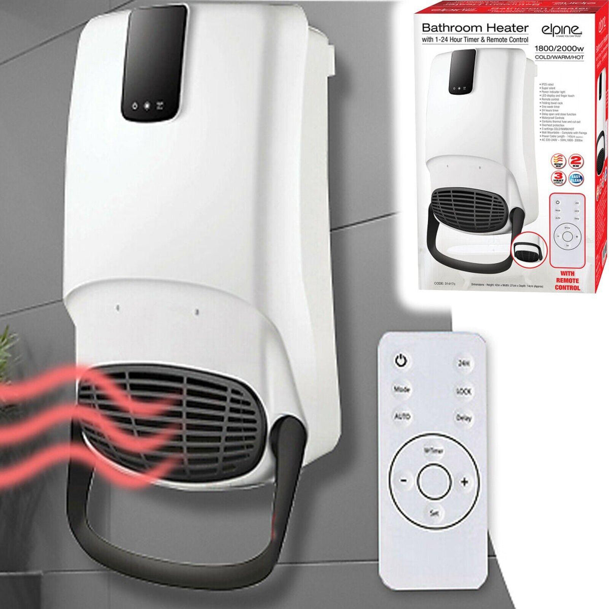 Bathroom Heater Hot Warm Cool Fan Room Wall Mounted Remote Control ...